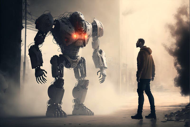 A Human Encounters a Giant Robot. Generative AI Stock Illustration ...