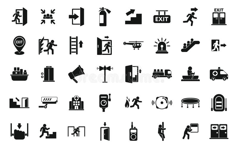 Human Evacuation Icons Set Simple Vector. Emergency Exit Stock Vector ...