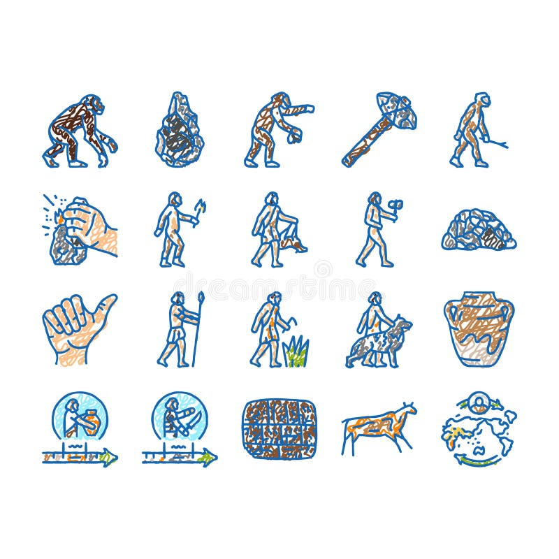 Human Evolution Man Caveman Icons Hand Drawn Stock Illustration - Illustration of ancestor ...