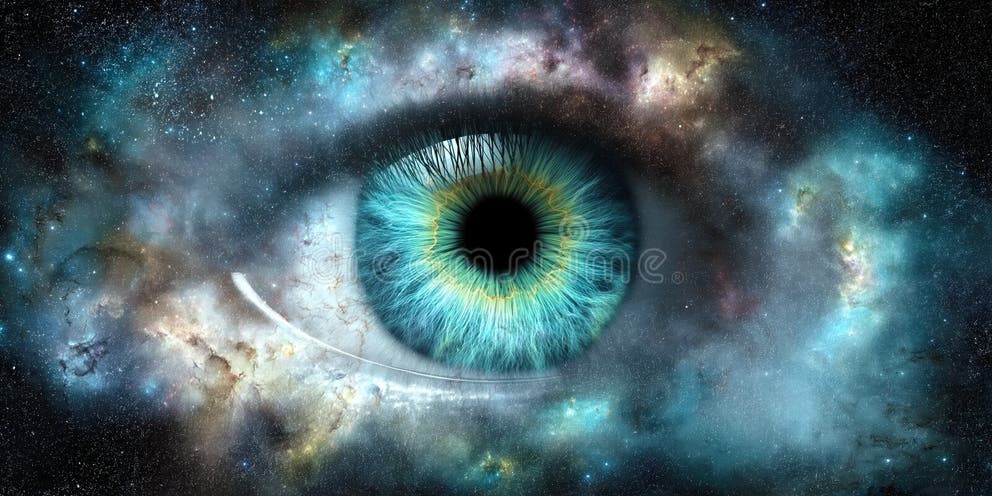 Human Eye with Blue Iris on Background of Deep Outer Space with Stars and Galaxies in the ...
