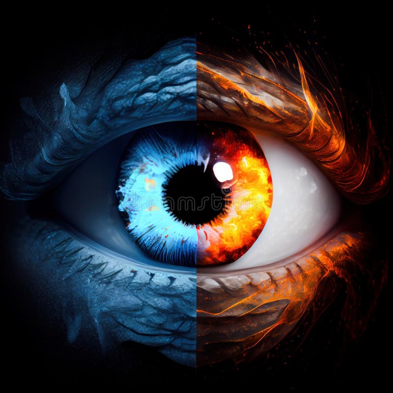 Human Eye in the Clash of Ice and Fire on Black Background. Stock ...