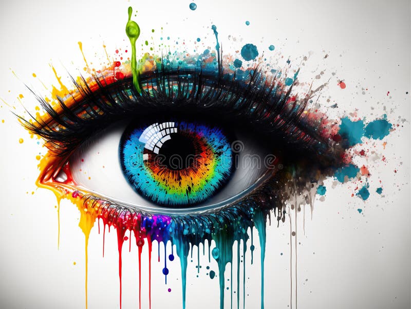 Eye Close Up with Colorful Paint , Ink Splashes and Drips, Generative ...