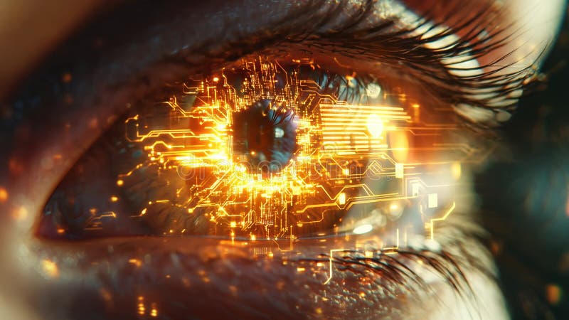 A Human Eye with Glowing Circuits Radiating from the Iris, Symbolizing Enhanced Vision through ...
