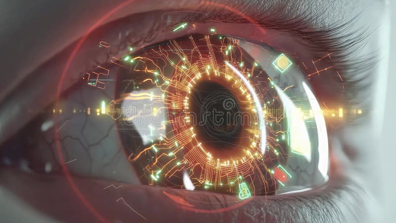 A Human Eye with Glowing Circuits Radiating from the Iris, Symbolizing ...