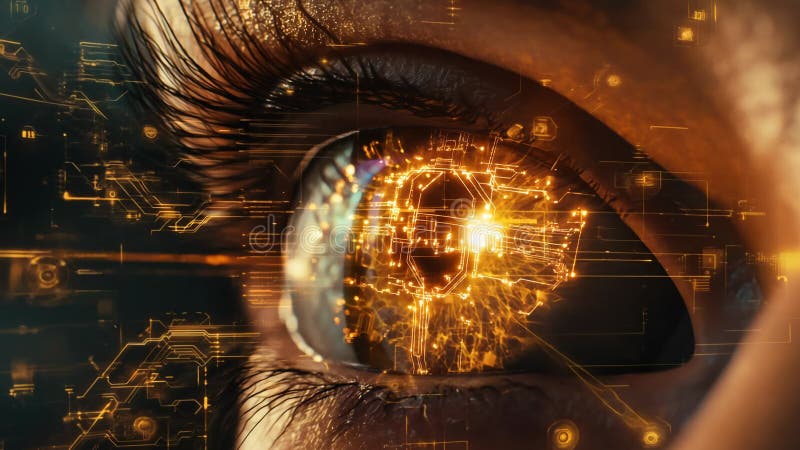 A Human Eye with Glowing Circuits Radiating from the Iris, Symbolizing ...