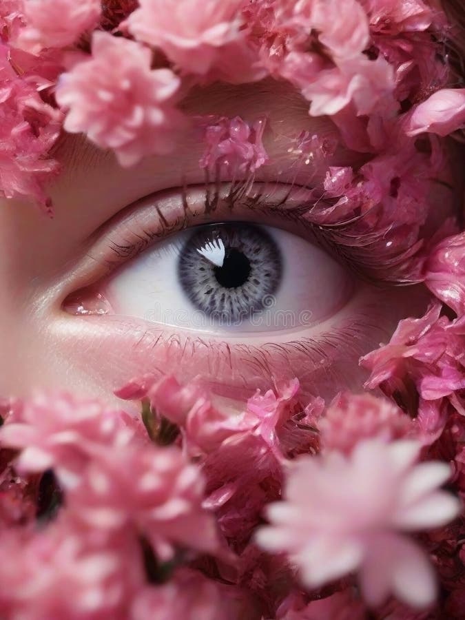 Human Eye Looking into the Camera, Surrounded with Pink Blooming ...