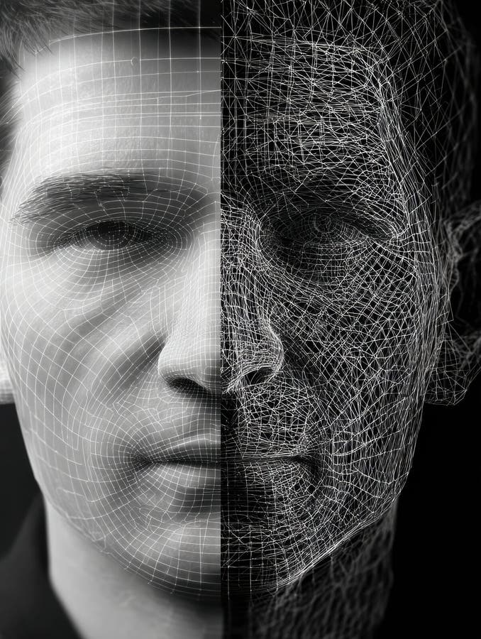A Human Face Blends Organic Features with Robotic Mesh, Highlighting ...