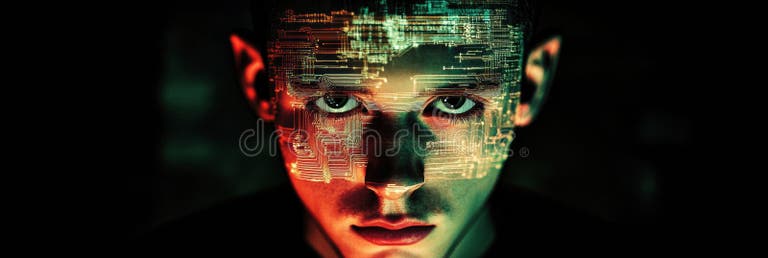 Human Face Merges with Glowing Digital Circuits Showcasing Technology ...