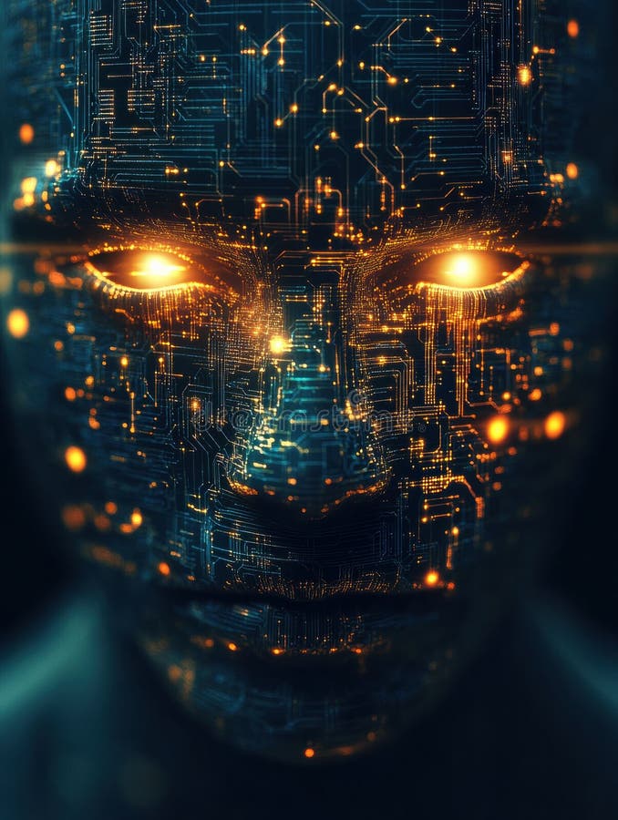 Human Face Merges with Glowing Digital Circuits in a Surreal Display of ...