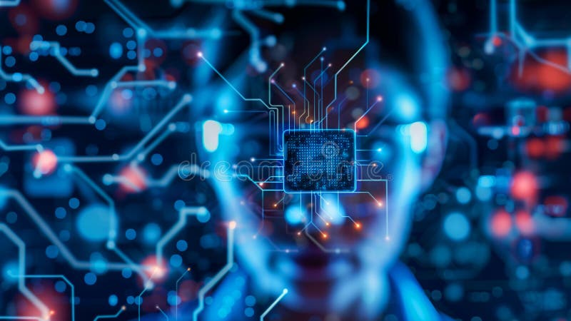 A Human Face Blurred into a Digital Interface with Glowing Circuitry ...