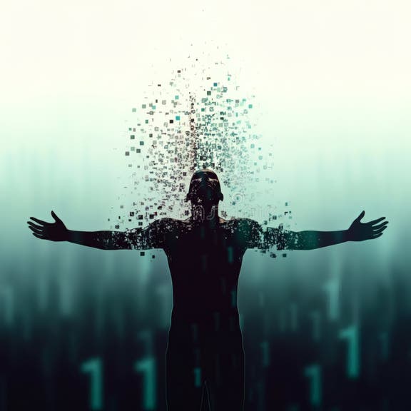 Human Face Dissolving into Digital Pixels Representing Artificial Intelligence Virtual Reality ...