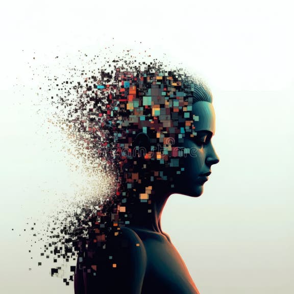 Human Face Dissolving into Digital Pixels Representing Artificial Intelligence Virtual Reality ...