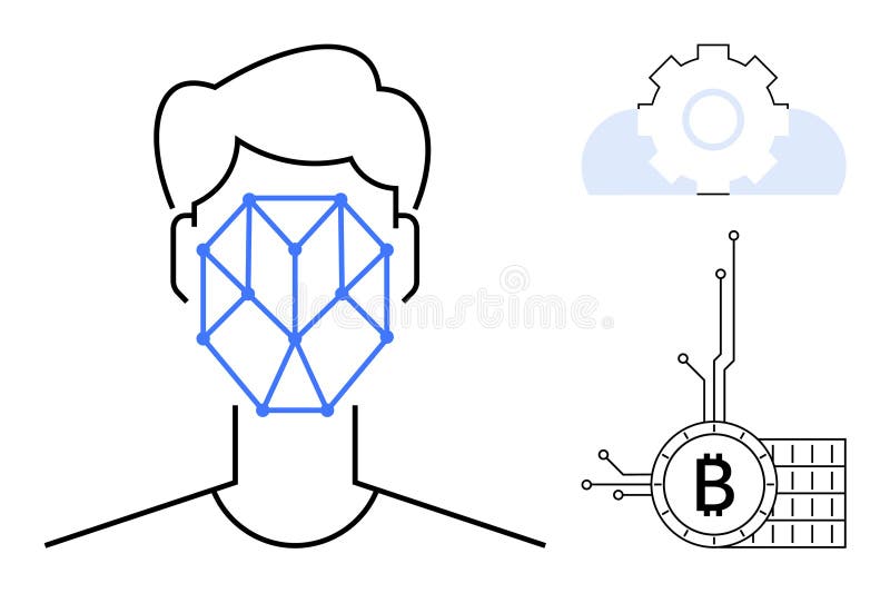 Human Face with Geometric Pattern, Gear Icon, and Bitcoin Symbol ...