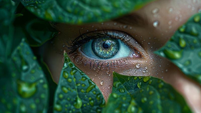 Human Face with Open Eye Covered in a Green Leaf Texture Stock ...