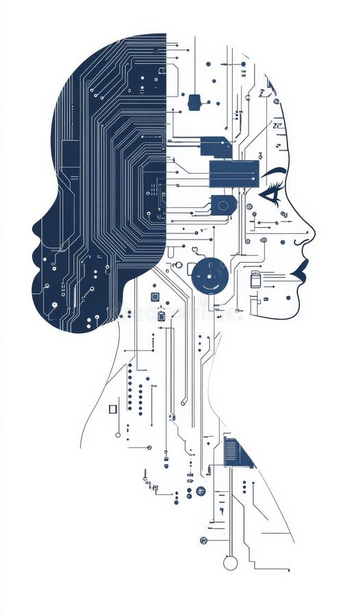 Human Face Outline Intertwined with Digital Circuitry Graphic ...