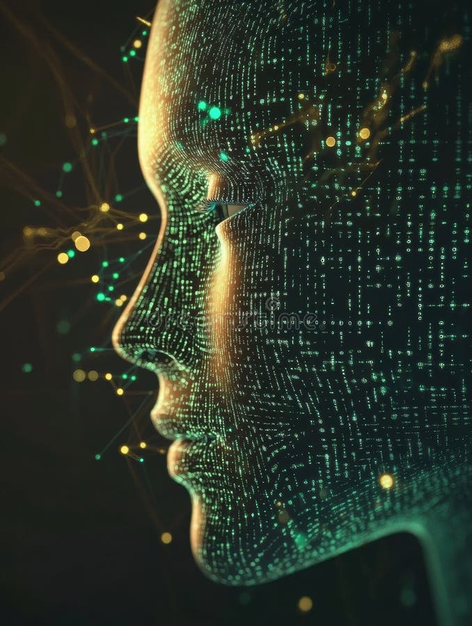 Human Face Outline Transforming Into Binary Code With Flowing Data In A Futuristic Ai Setting