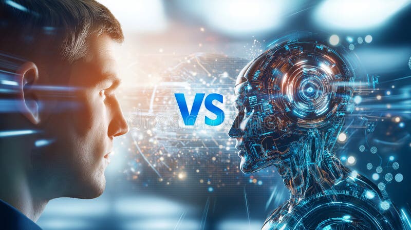 Human Face and Robotic Head are Facing Each Other Futuristic Setting ...