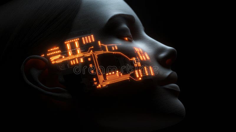 Human Face Merging with Glowing Digital Circuits in Dark Background ...