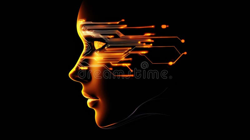 Human Face Merges with Glowing Digital Circuits in a Futuristic ...