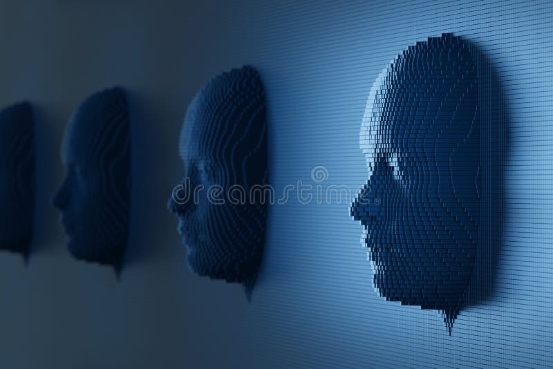 Human Faces Made Up of Blue Cubes. Artificial Intelligence Concept ...
