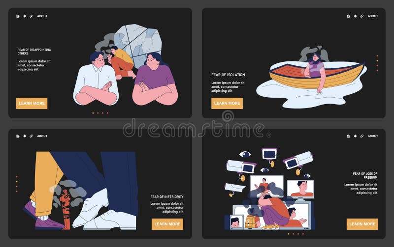 Human Fears Web or Landing Dark or Night Mode Set. Scared Characters ...