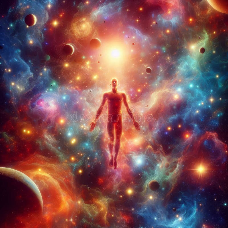 Human Figure Ascending in Bright Cosmic Nebula with Planets Stock Image ...