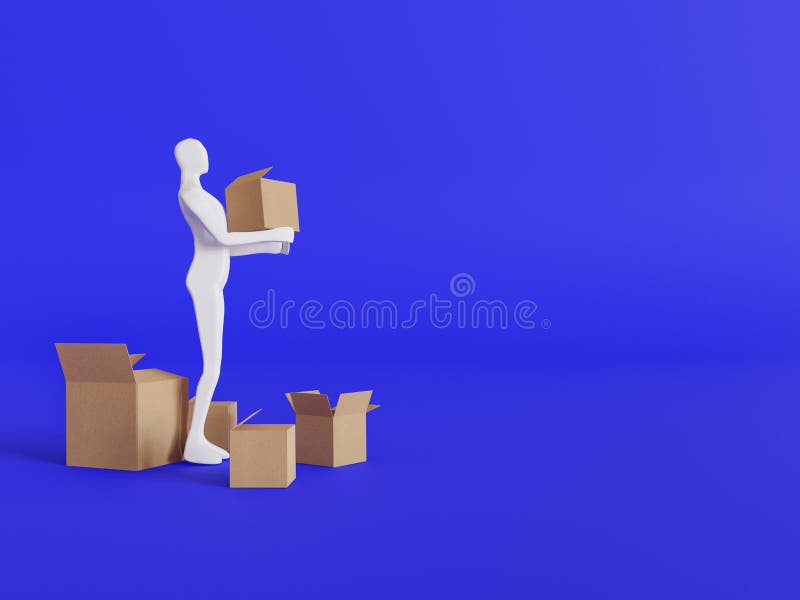 Human Figure Carring Cardboard Moving Boxes with a Blue Background ...