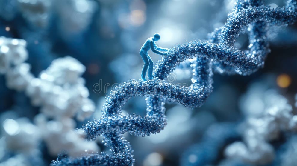 Human Figure Climbing DNA Strand in Molecular Structure Background ...