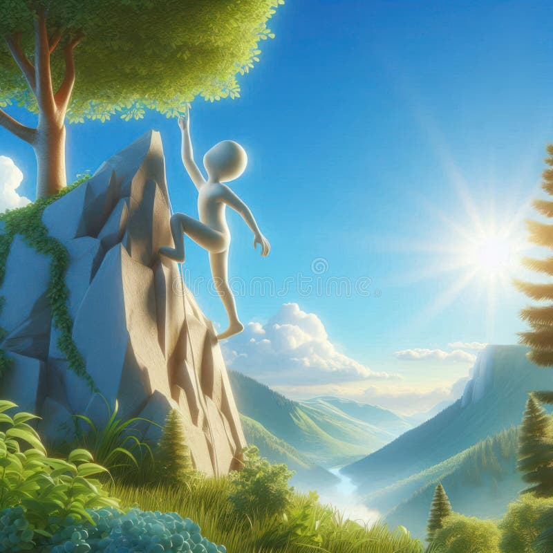 A Human Figure Climbs a Cliff To a Tree at the Top. Stock Image - Image ...