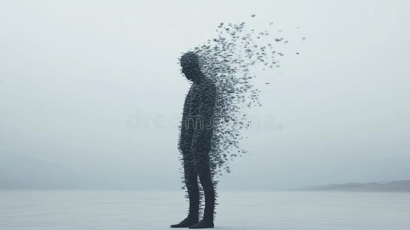 Human Figure Dissolving into Blocks in a Minimalistic Landscape Stock ...