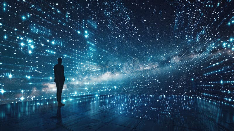 Human Figure Filled with Celestial Patterns in Front of a Digital Data ...