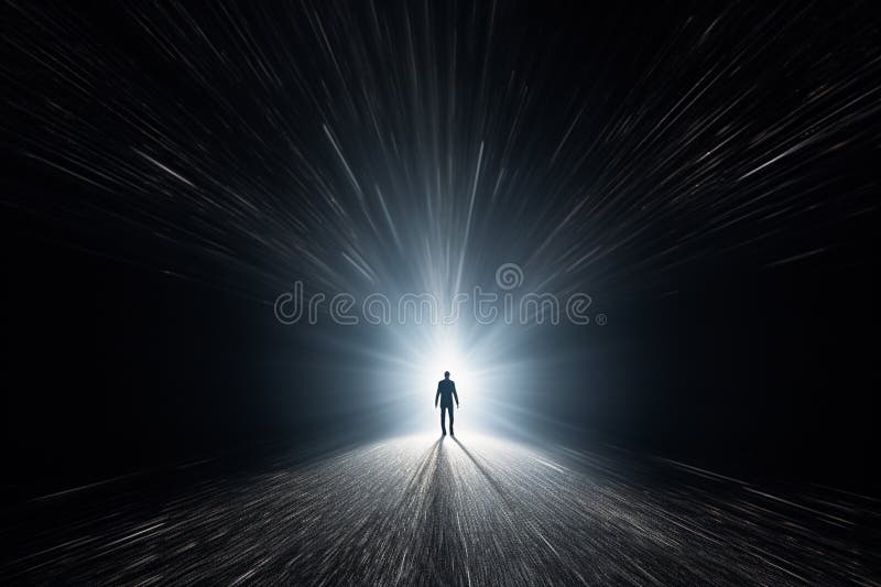 Human Figure Floating Toward Bright Tunnel of Light Stock Illustration ...