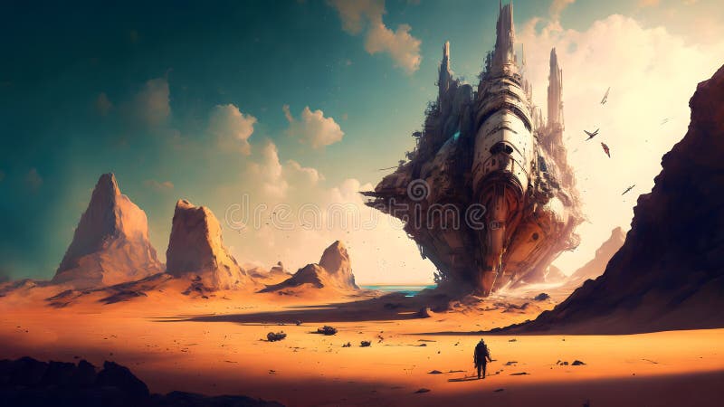 Human Figure in Front of Giant Structure on Sandy Rocky Desert at Sunny ...