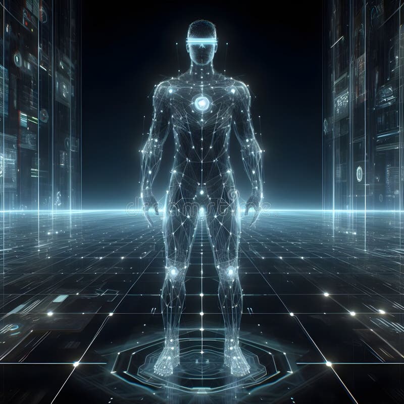 Human Figure in a Hologram. Data Analytics in a High-Tech Room Stock ...