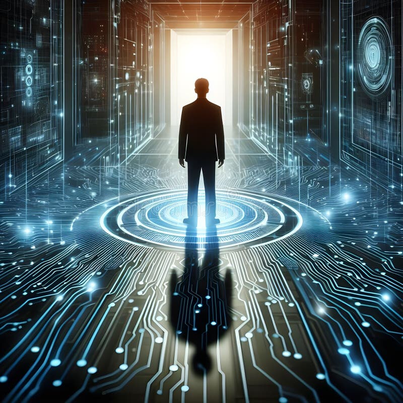 Human Figure in a Hologram. Data Analytics in a High-Tech Room Stock ...