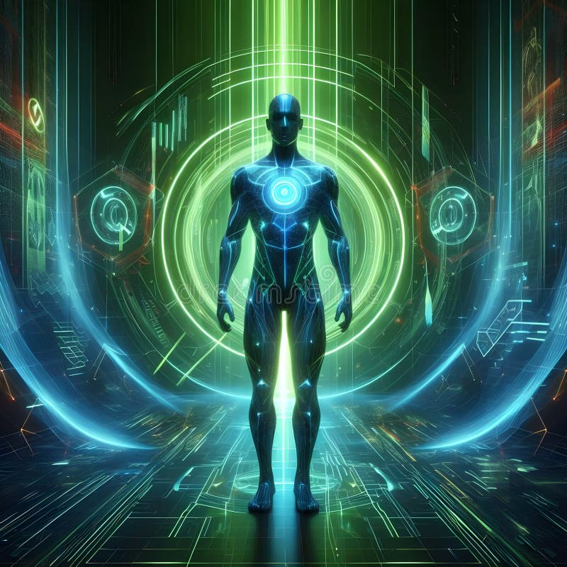 Human Figure in a Hologram. Data Analytics in a High-Tech Room Stock ...