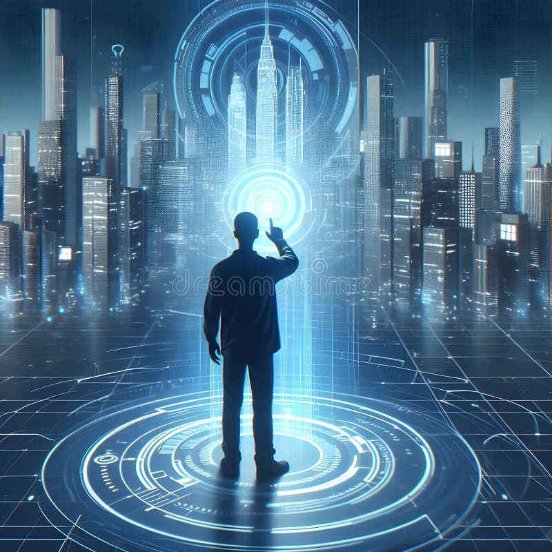 Human Figure in a Hologram. Data Analytics in a High-Tech Room Stock ...