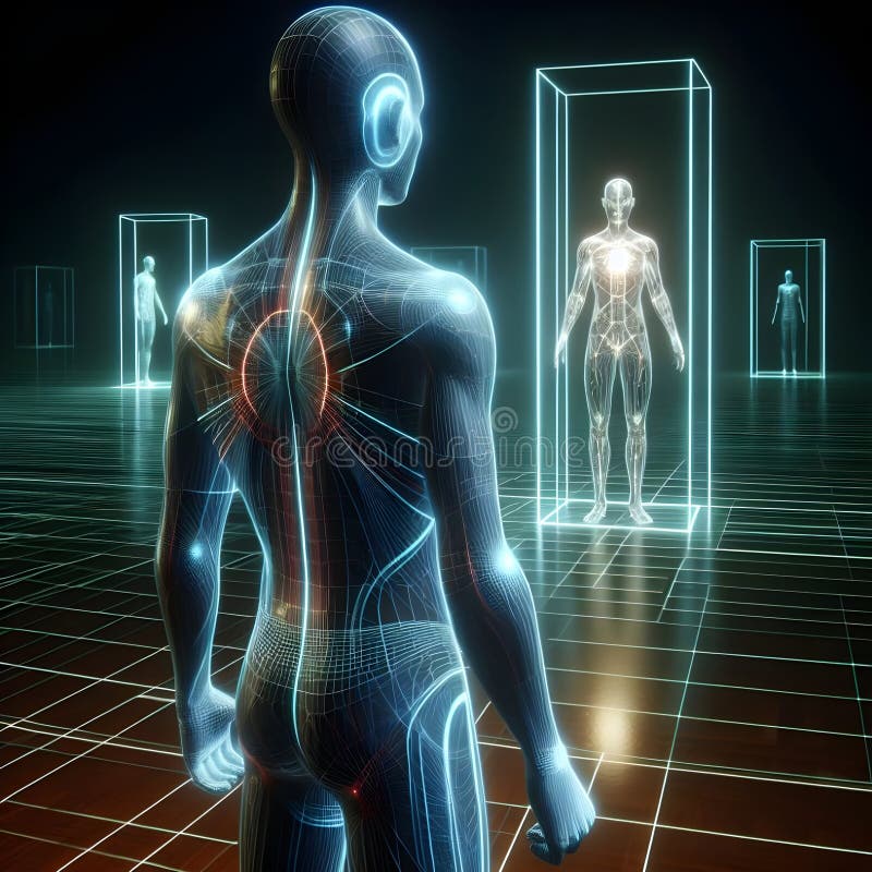 Human Figure in a Hologram. Data Analytics in a High-Tech Room Stock ...