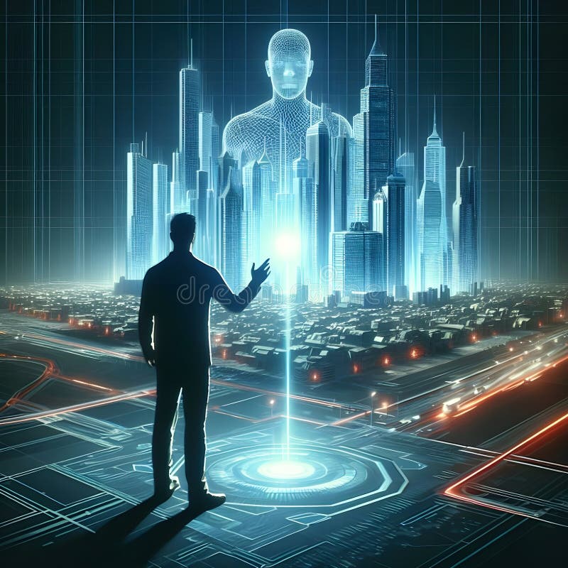 Human Figure in a Hologram. Data Analytics in a High-Tech Room Stock ...