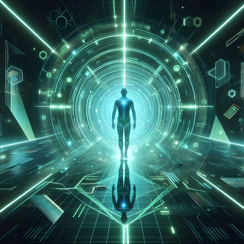 Human Figure in a Hologram. Data Analytics in a High-Tech Room Stock ...