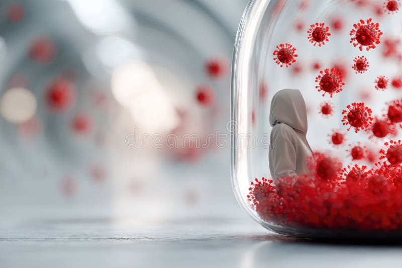 Human Figure Inside Glass Capsule Surrounded by Floating Red Viruses ...