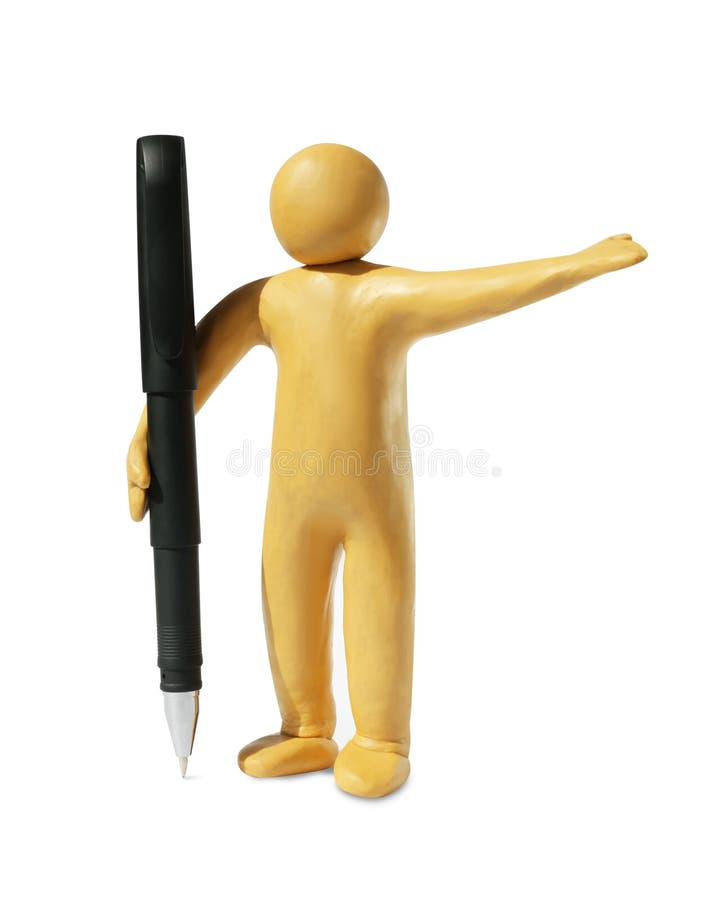 Human Figure Made of Yellow Plasticine Holding Pen Isolated on White ...