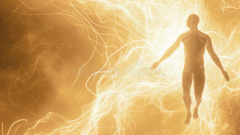 Human Figure Radiating Golden Energy in Abstract Setting Stock Image ...