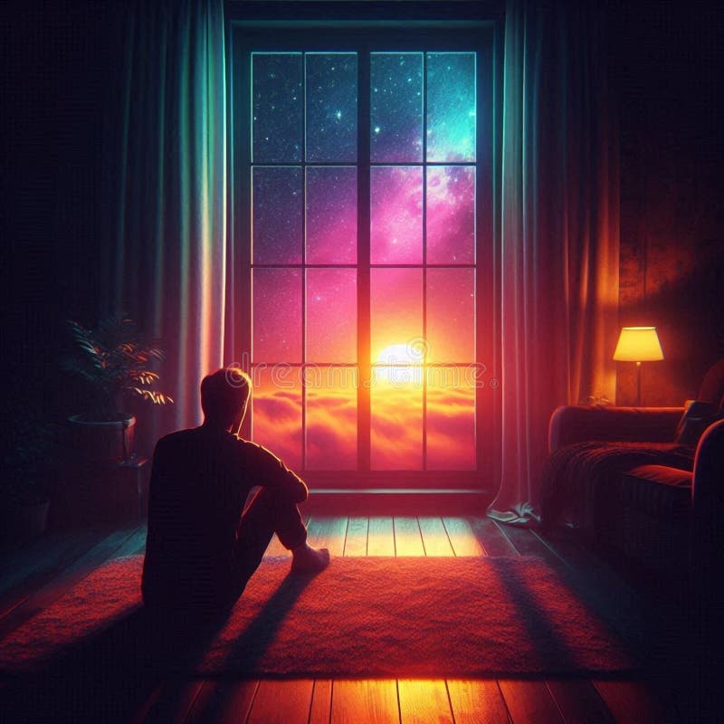 A Human Figure Sits Alone in a Dimly Lit Room and Staring Out the ...