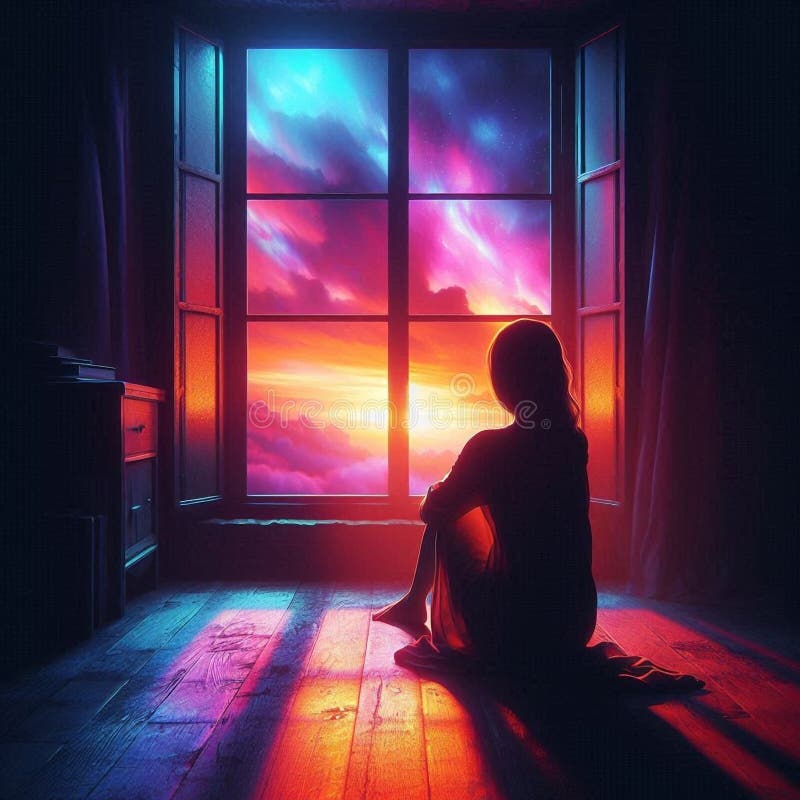 A Human Figure Sits Alone in a Dimly Lit Room and Staring Out the ...