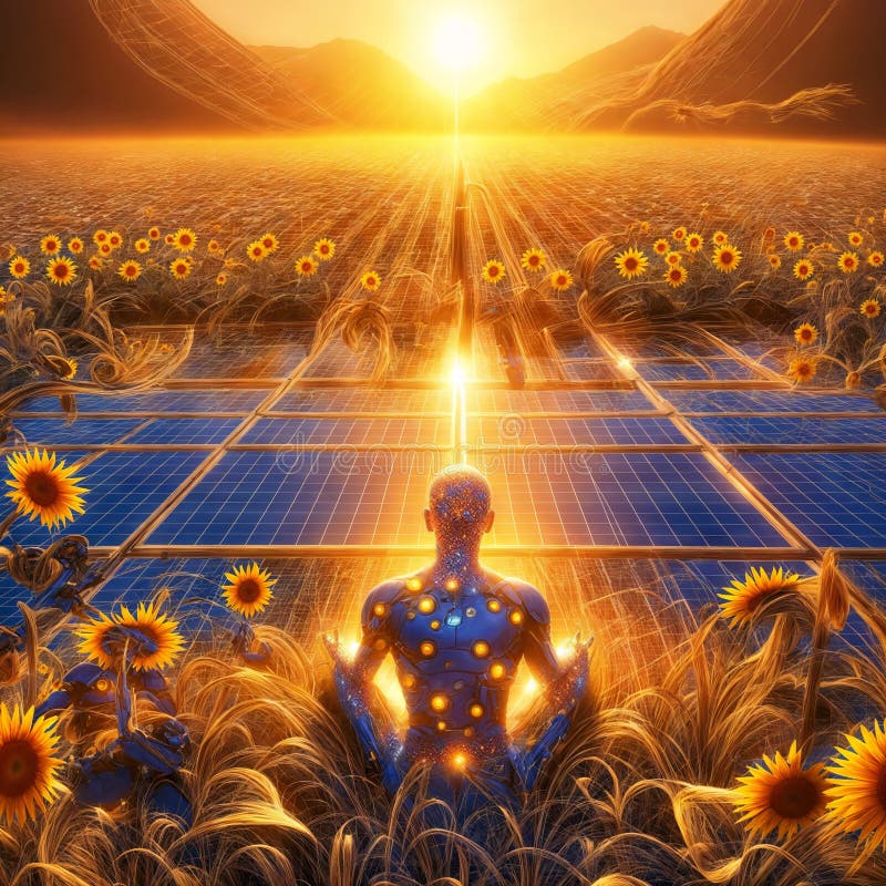 3d Render of a Human Figure Surrounded by Solar Panels and Sunflowers ...