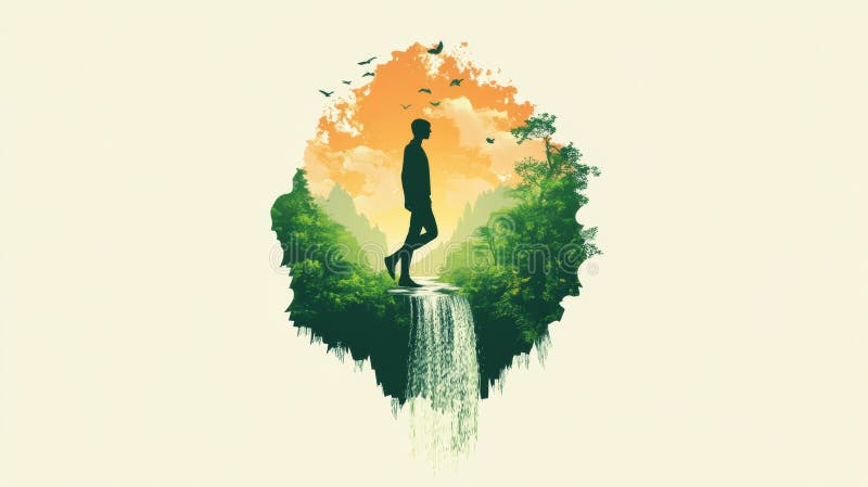 Creative Waterfall Illustration Featuring a Human Figure Walking ...