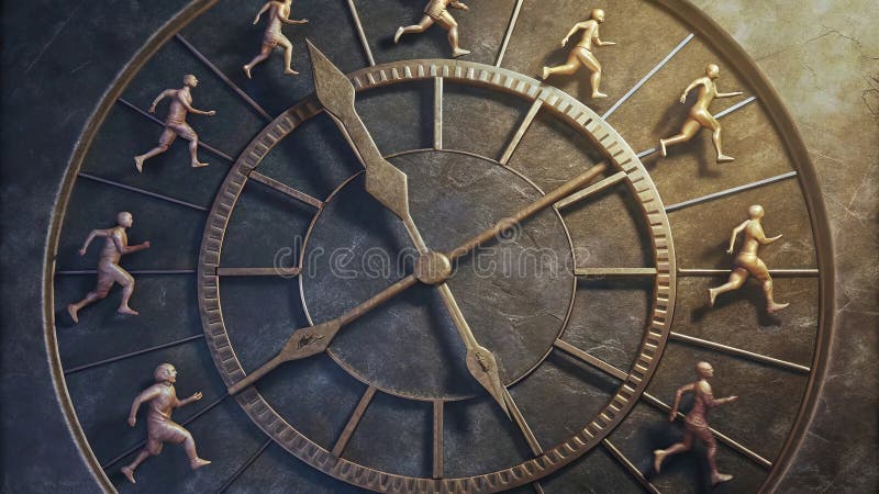 Human Figures Running Along Clock Face Representing Time and Motion ...