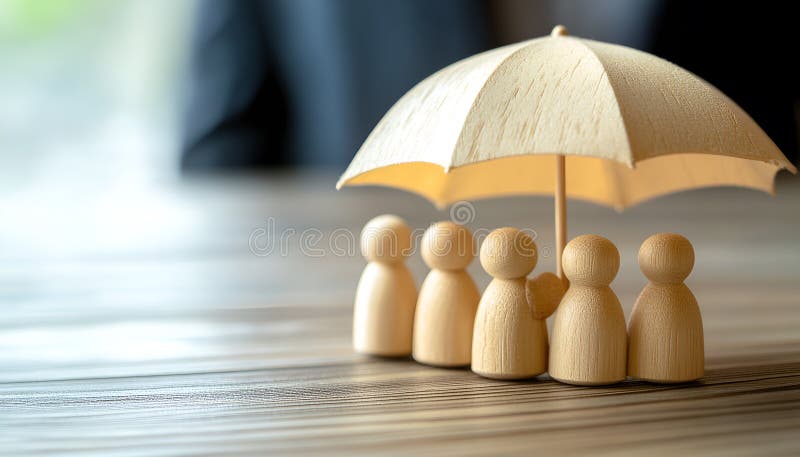 Human Figures Under Umbrella on Light Wooden Table. Insurance Concept ...