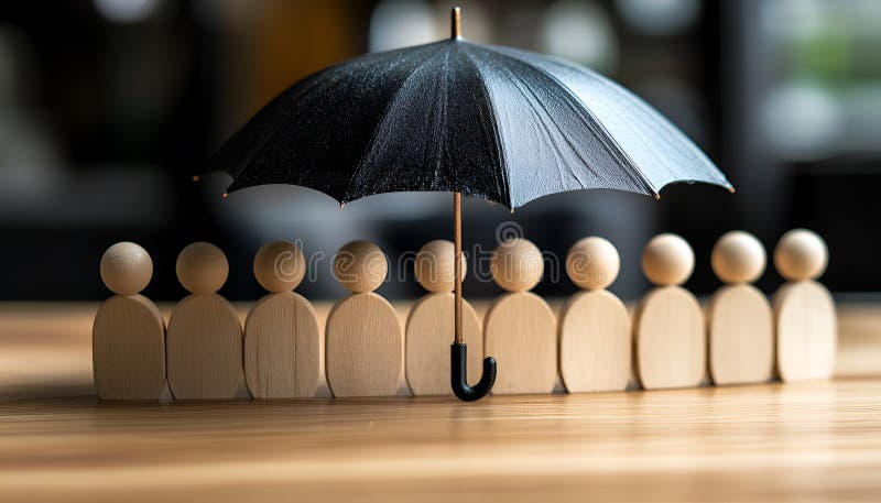 Human Figures Under Umbrella on Light Wooden Table. Insurance Concept ...